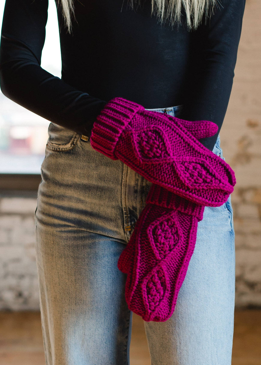 Magenta Cable Knit Mittens petite shops – petite salon & shops
